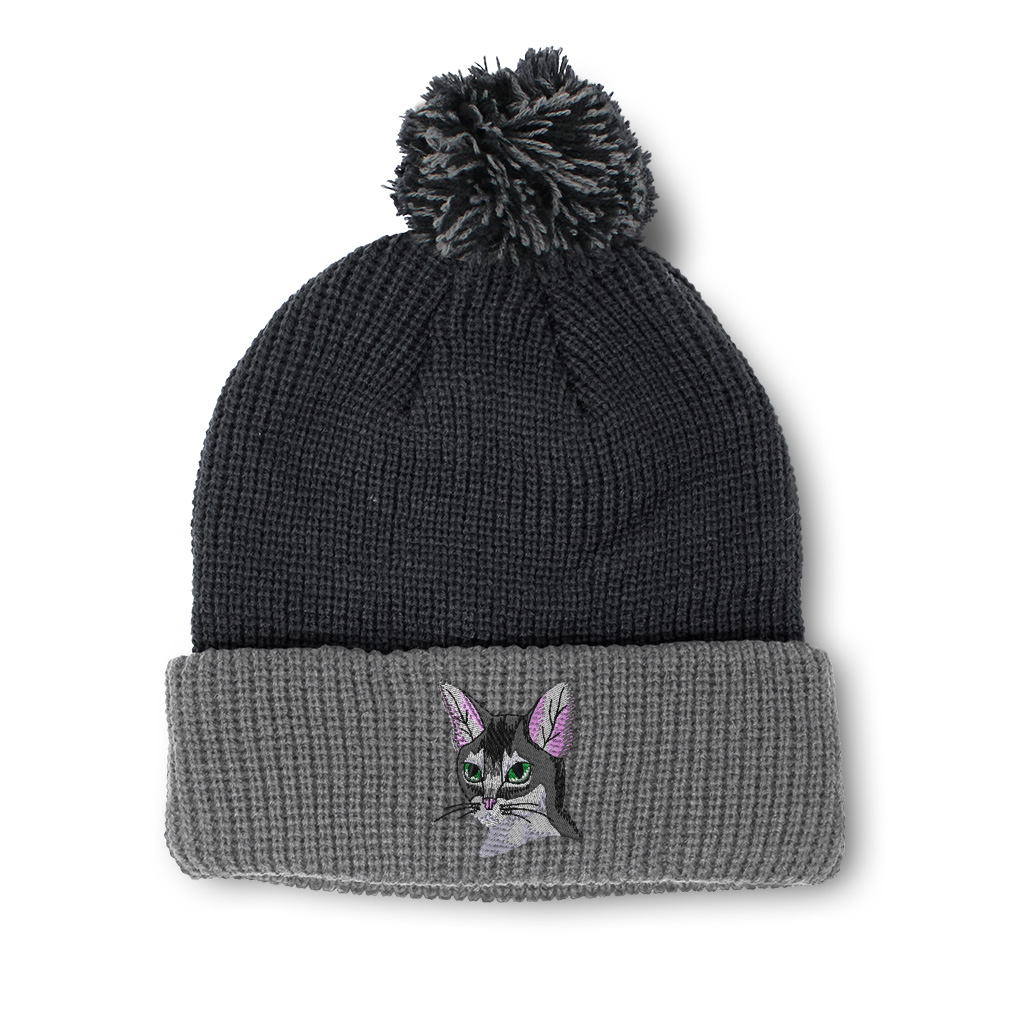 Pom Pom Beanies for Women Abyssinian Cat Embroidery Cats Acrylic Skull ...