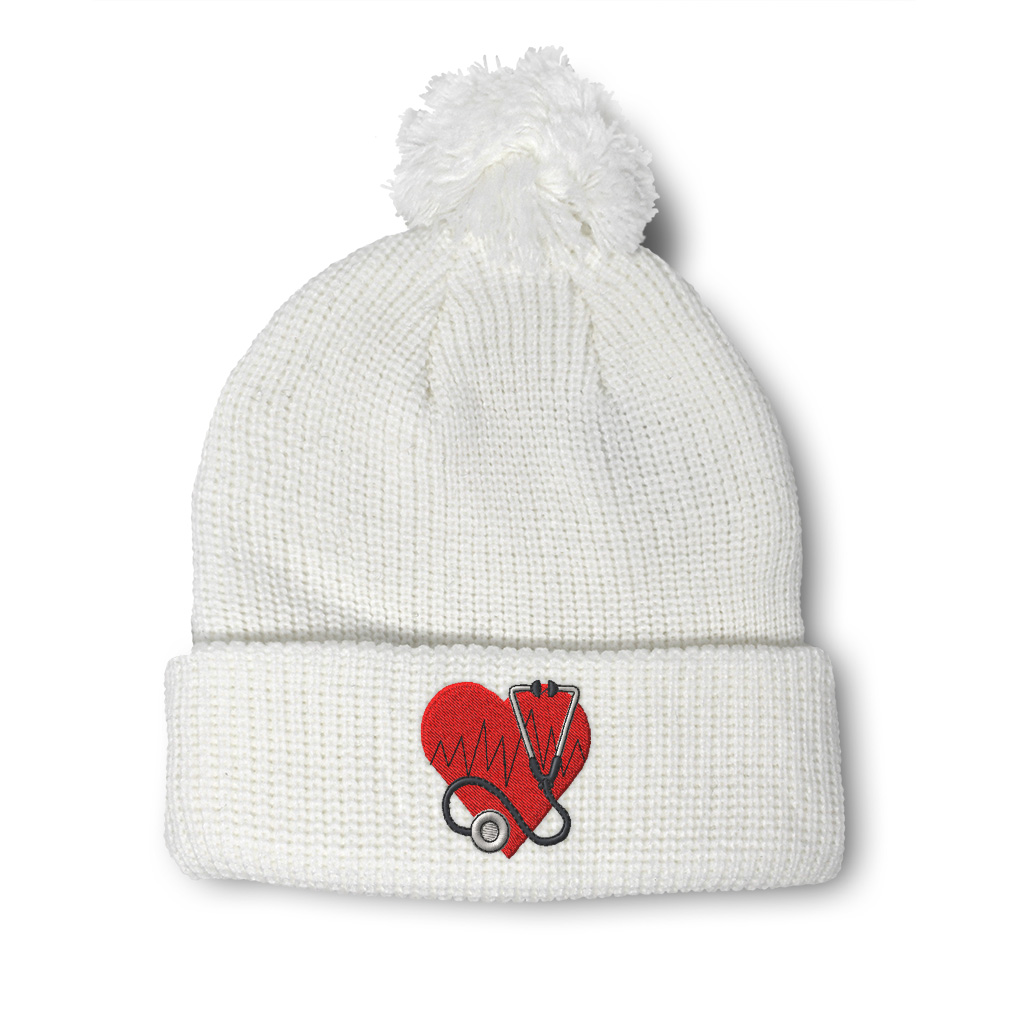 Pom Pom Beanies for Women Heart Medical Logo Embroidery Doctor Acrylic ...