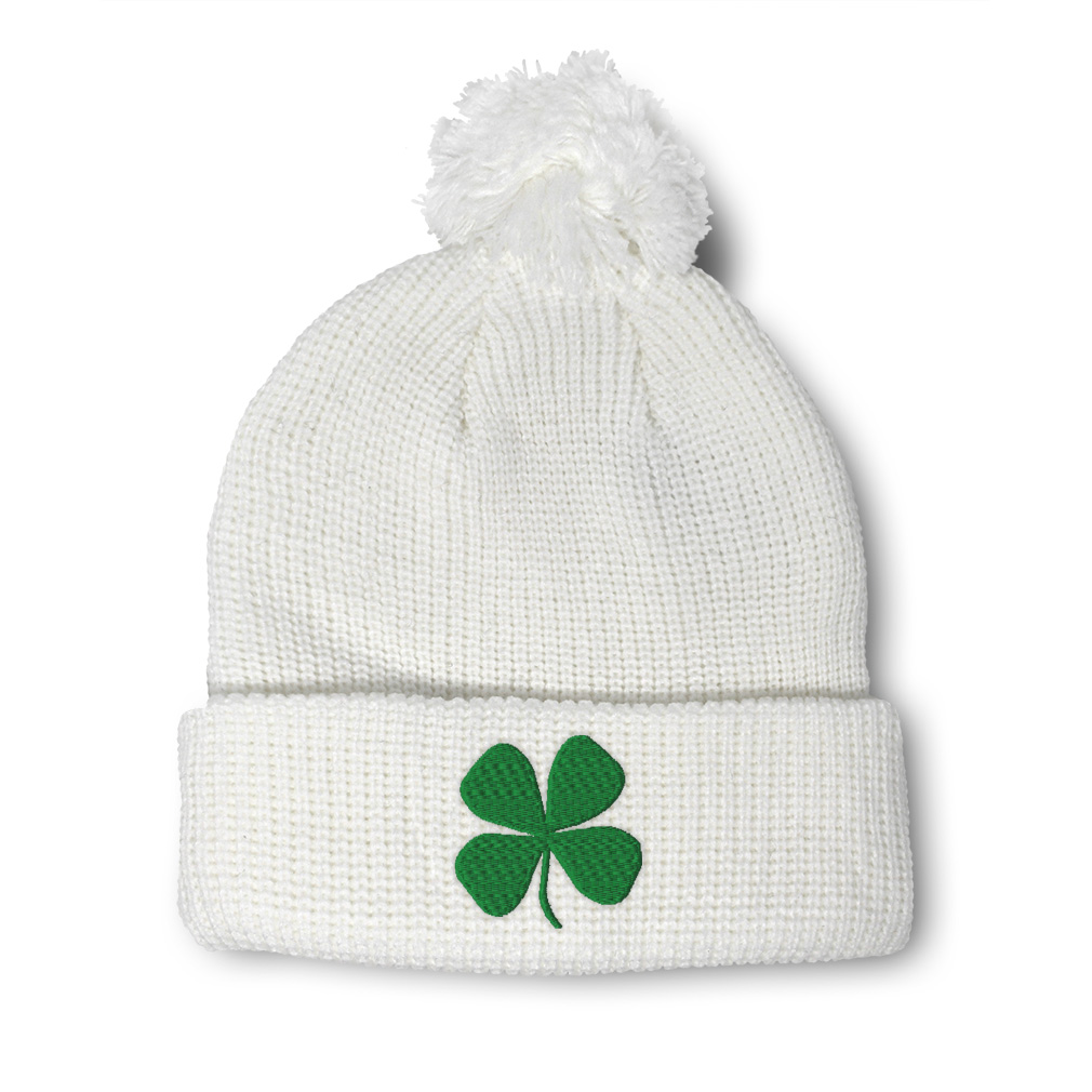 Pom Pom Beanies for Women Good Luck Clover Embroidery Leaves Acrylic ...