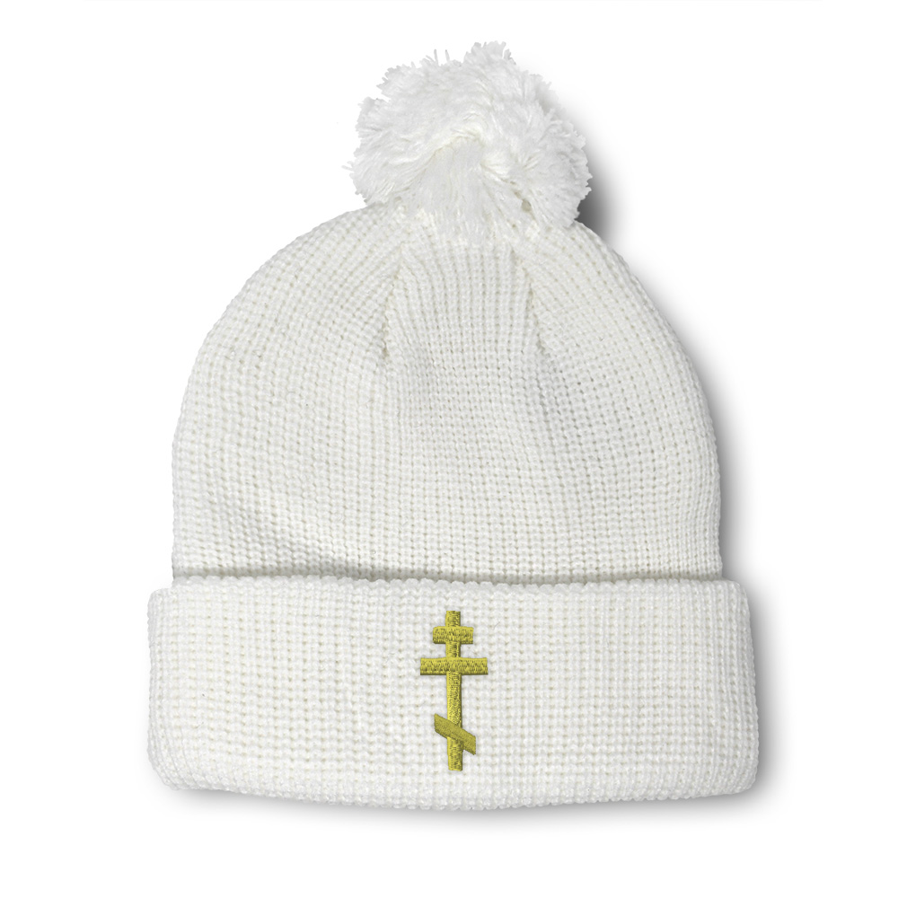 Pom Pom Beanies for Women Russian Orthodox Cross Embroidery Acrylic ...